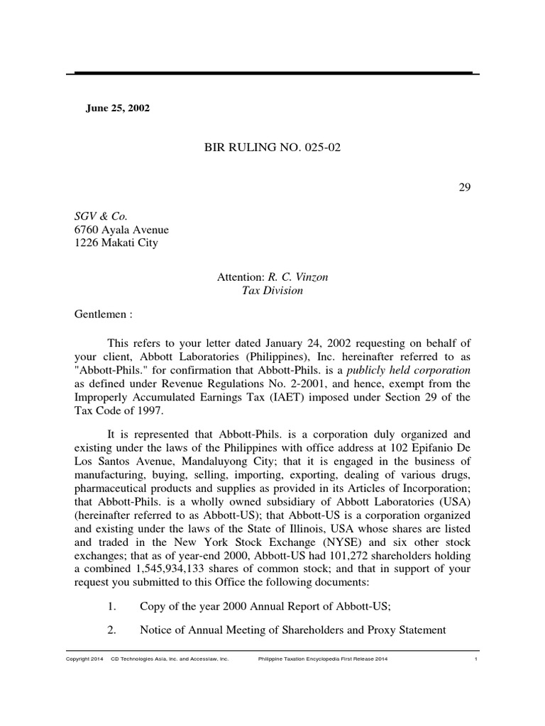 BIR Ruling 25-2002 June 25, 2002 | PDF | Stocks | Corporations