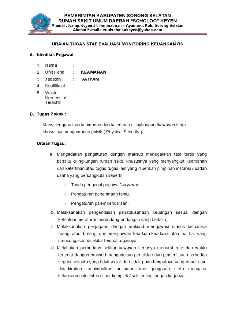 Tugas Staf RSUD Scholoo Keyen | PDF