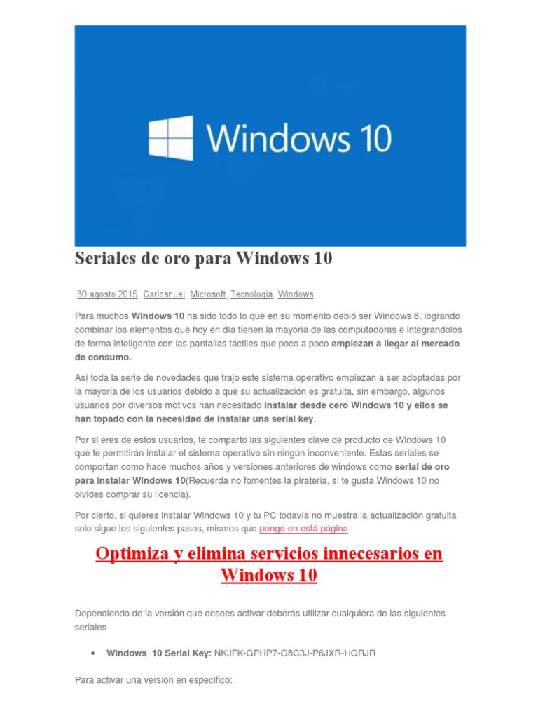 Seriales de Oro para Windows 10 | PDF | Windows 10 | Software de Microsoft