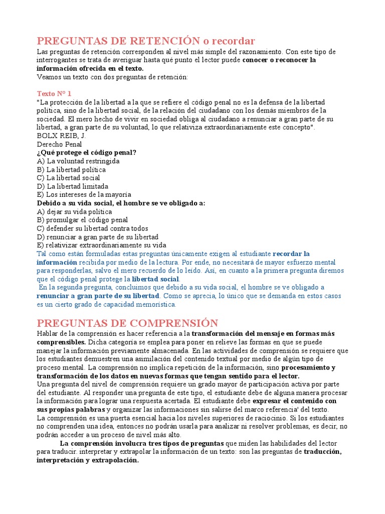 Preguntas de retención y comprensión textual | PDF | Traducciones ...