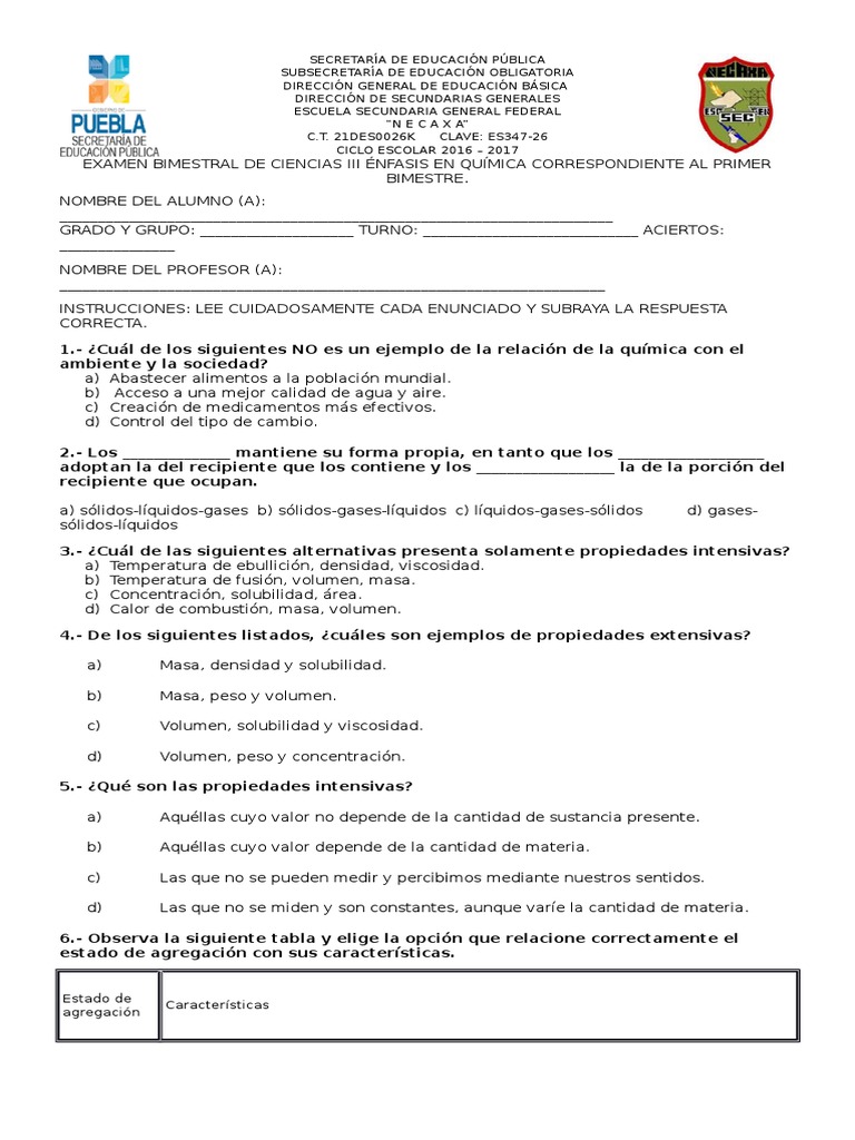 Examen de Quimica 1bimestre 2016 - 2017 | PDF | Dióxido de carbono ...