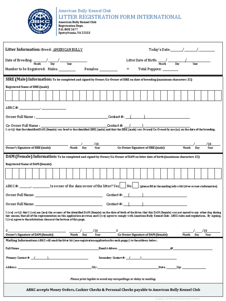 ABKC Litter Registration Form | PDF | Law
