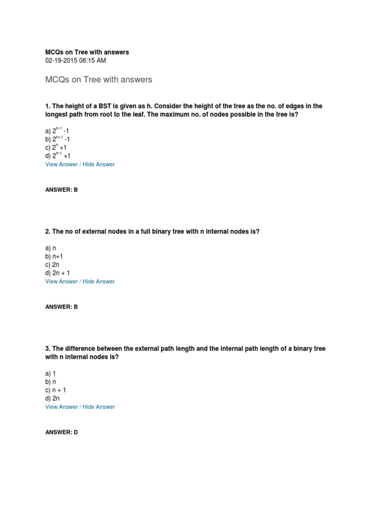 MCQs On Tree With Answers | PDF | Theoretical Computer Science | Computer Programming