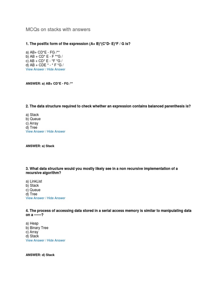 Mcqs On Stacks With Answers Pdf C Programming Language Array Data Structure