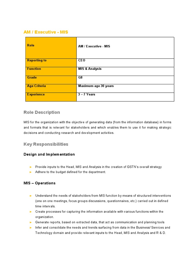 MIS Executive Role Overview and Requirements | PDF