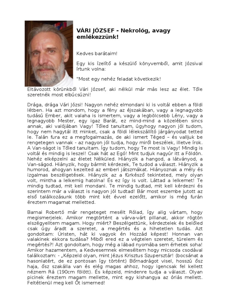 VÁRI JÓZSEF - Nekrológ, Avagy Emlékezzünk | PDF