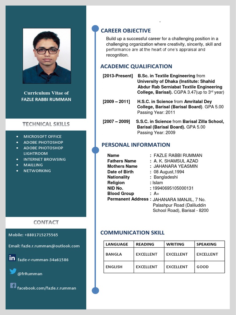Career Objective: Curriculum Vitae of Fazle Rabbi Rumman | PDF | Photo ...