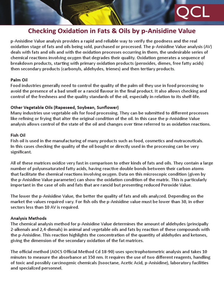 p-Anisidine Value in Oil Quality Testing | PDF | Vegetable Oil | Aldehyde