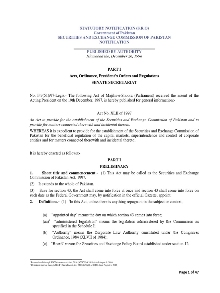 SECP Act 1997 Updated Till 2016 | PDF | Audit | Securities (Finance)