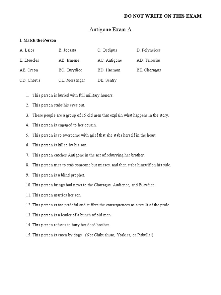 Antigone Exam A | PDF | Oedipus | Mythology Of Central Greece