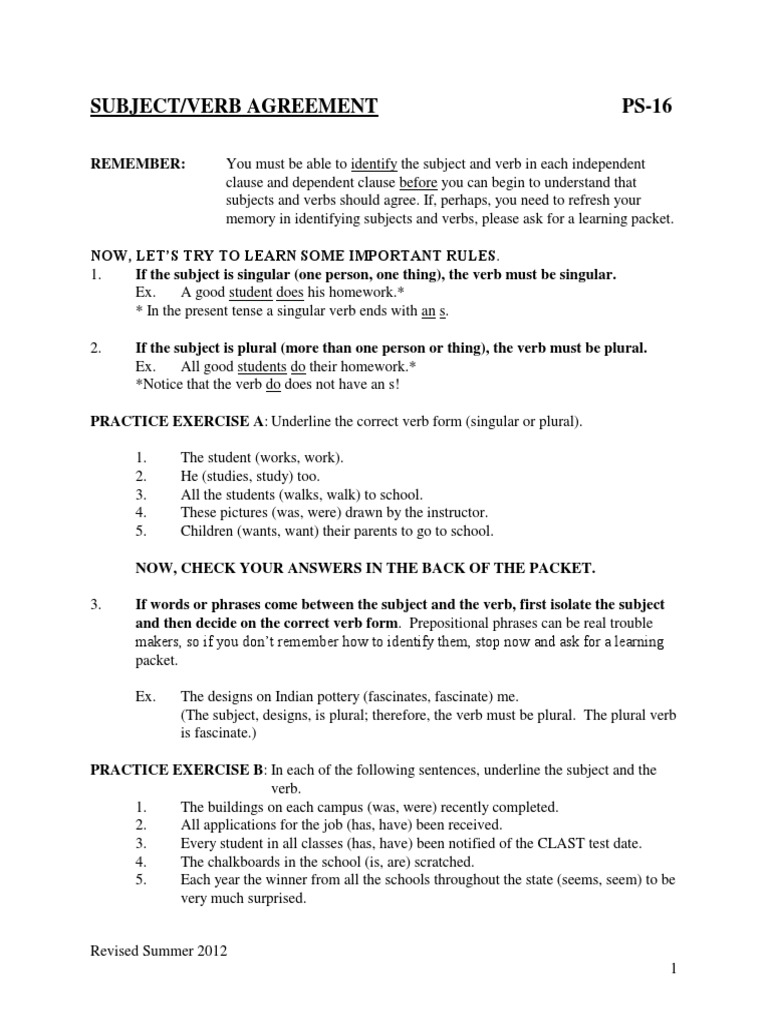 Subject and Verb Agreement Exercises PDF | PDF | Subject (Grammar ...