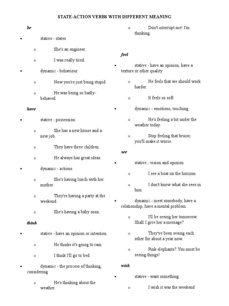 ADVANCED STATE-ACTION VERBS Explanation+exercises | PDF | Grammatical ...