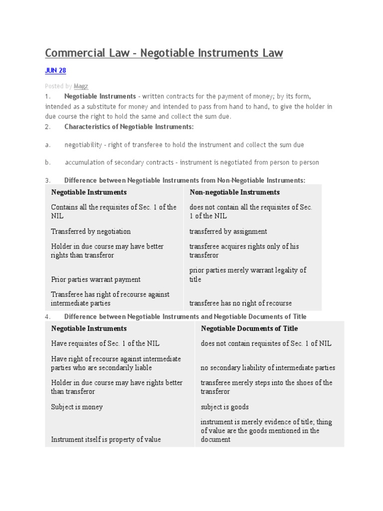 Commercial Law - Negotiable Instruments Law | PDF | Negotiable ...