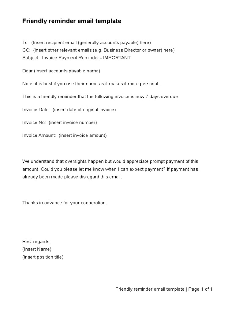 Friendly Reminder e Mail Template | PDF | Accounts Payable | Services ...