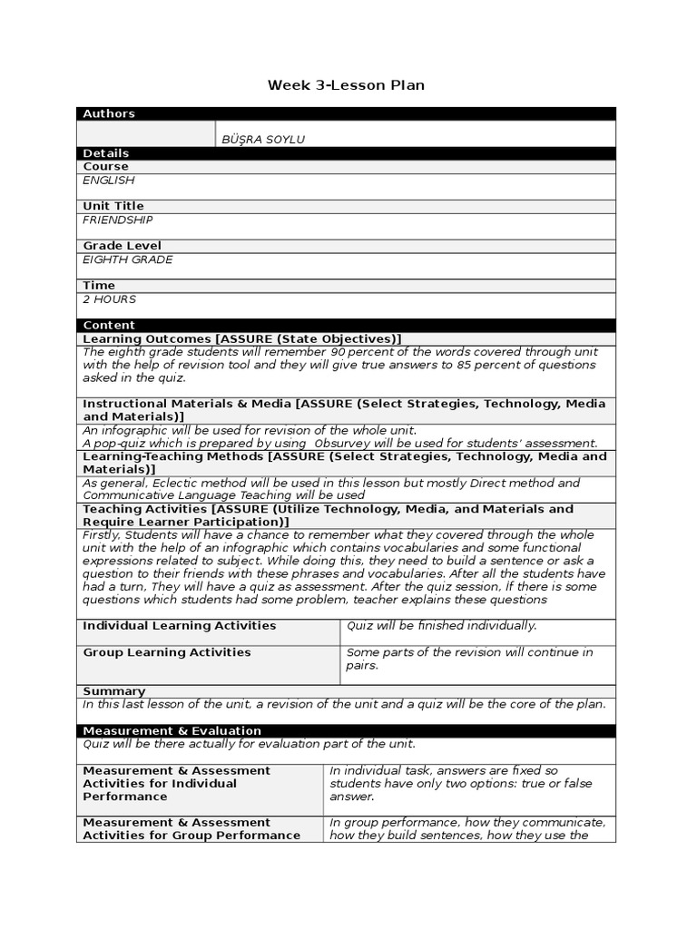 Week 3 Lesson Plan | PDF