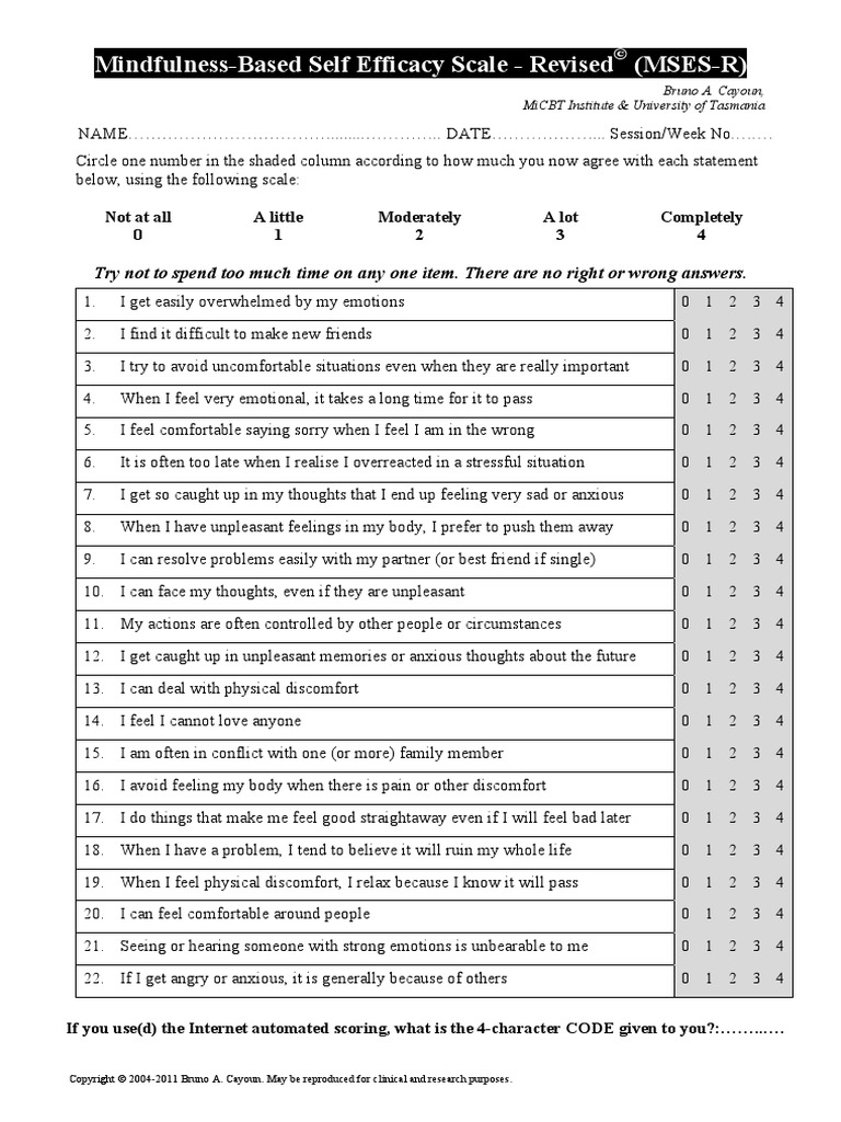 Mindfulness Based Self Efficacy Scale Revised 1 | Psychometrics ...