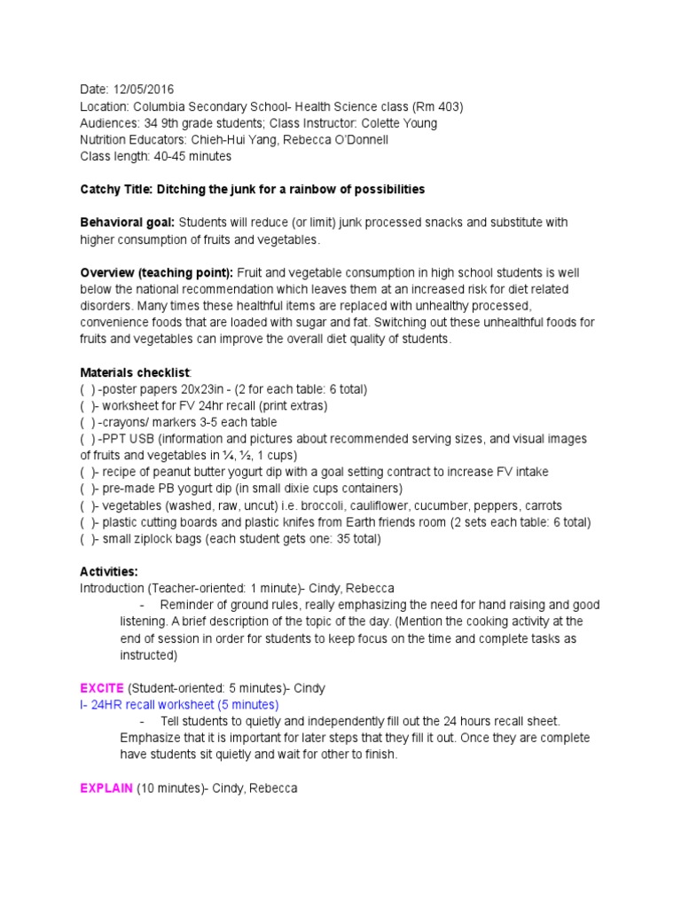 Excite: I-24HR Recall Worksheet (5 Minutes) | PDF | Vegetables | Food ...