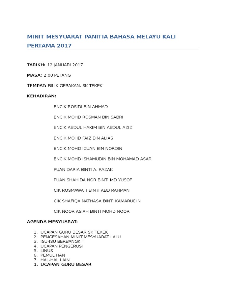 Minit Mesyuarat Panitia Bahasa Melayu Kali Pertama 2017 | PDF