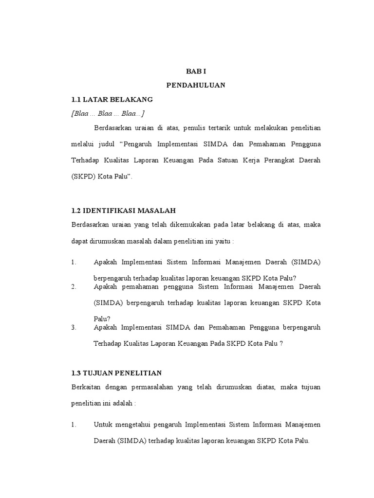 Proposal Pengaruh Penggunaan SIMDA Dan Pemahaman Pegawai Terhadap Kualitas Laporan Keuangan SKPD ...