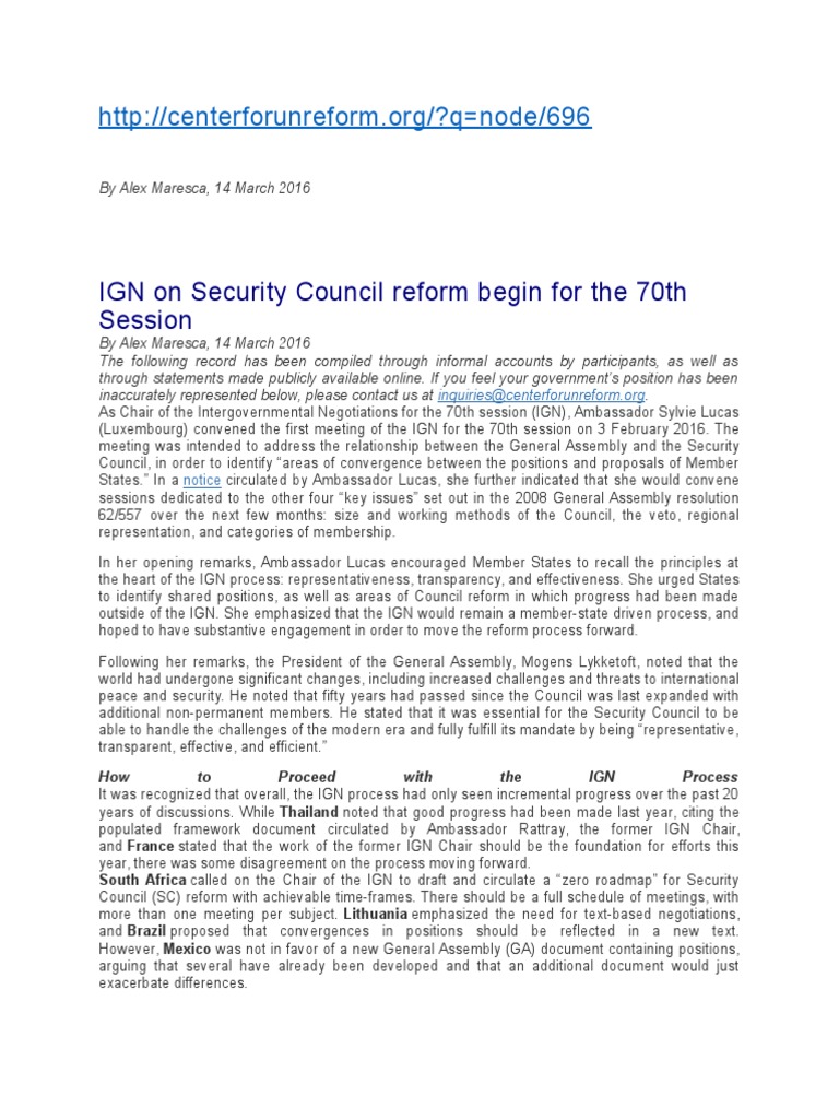 IGN On Security Council Reform Begin For The 70th Session: Notice | PDF ...