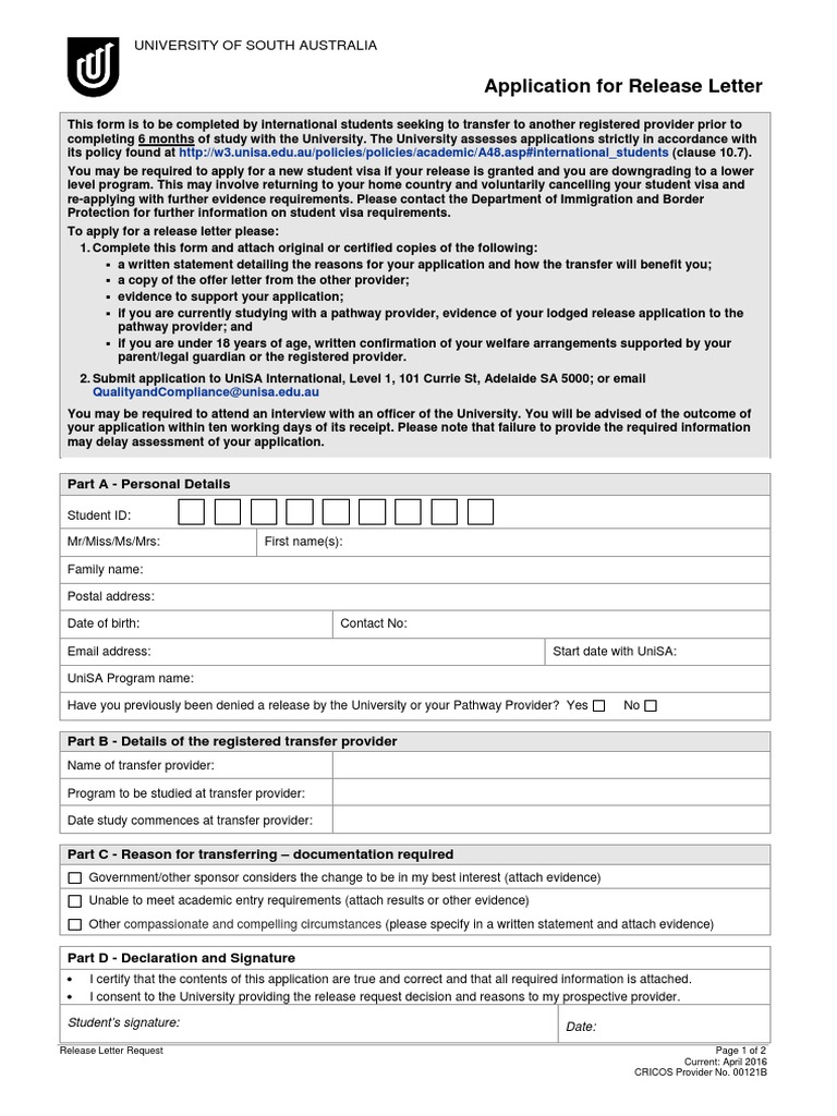 UniSA Release Letter Application Guide | PDF | Travel Visa | Government ...