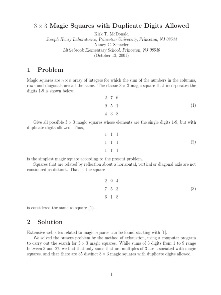 3 × 3 Magic Squares With Duplicate Digits Allowed: 1 Problem | Download ...
