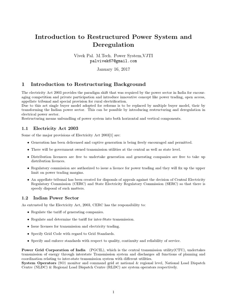 Introduction To Restructred and De-Regulated Power System in India ...