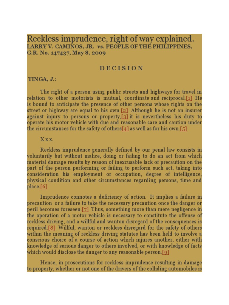 Reckless Imprudence, Right of Way Explained.: Decision | PDF ...