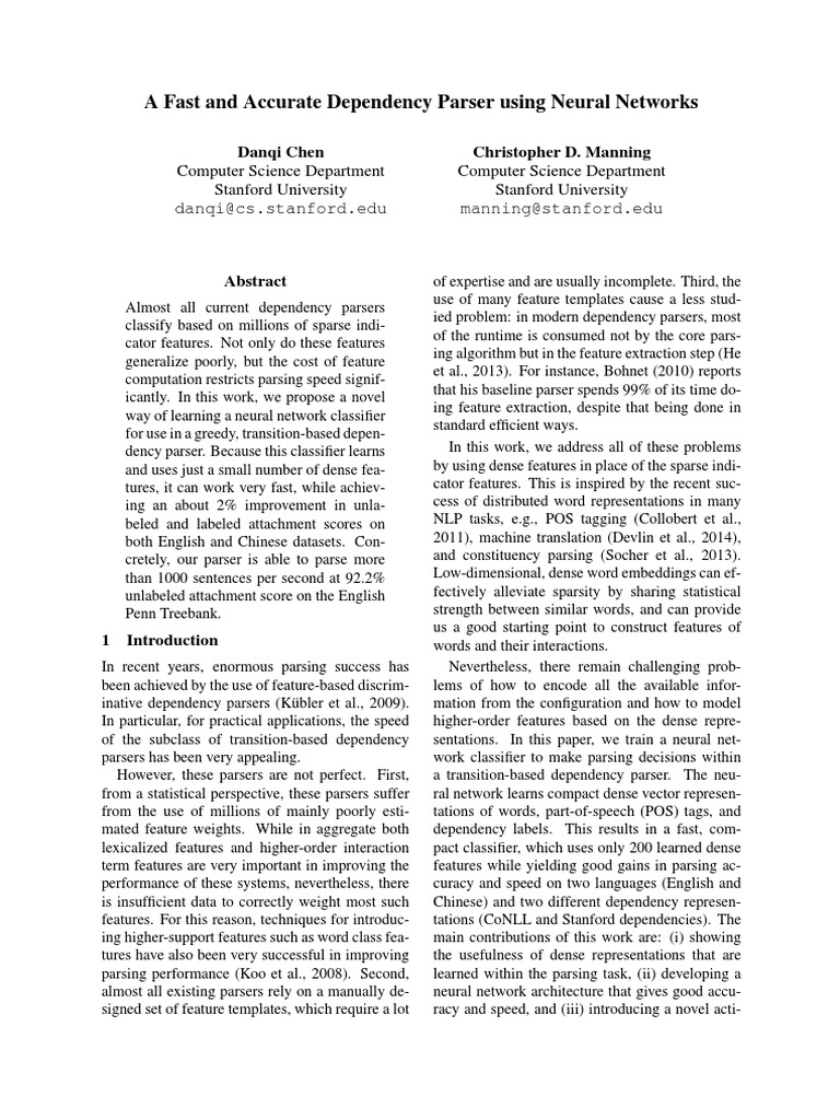 A Fast and Accurate Dependency Parser Using Neural Networks | PDF | Parsing | Artificial Neural ...