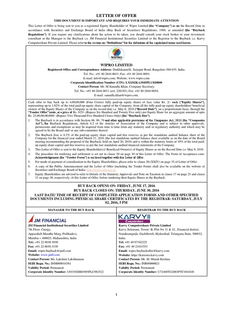 Letter of Offer wipro | Share Repurchase | American Depositary Receipt ...