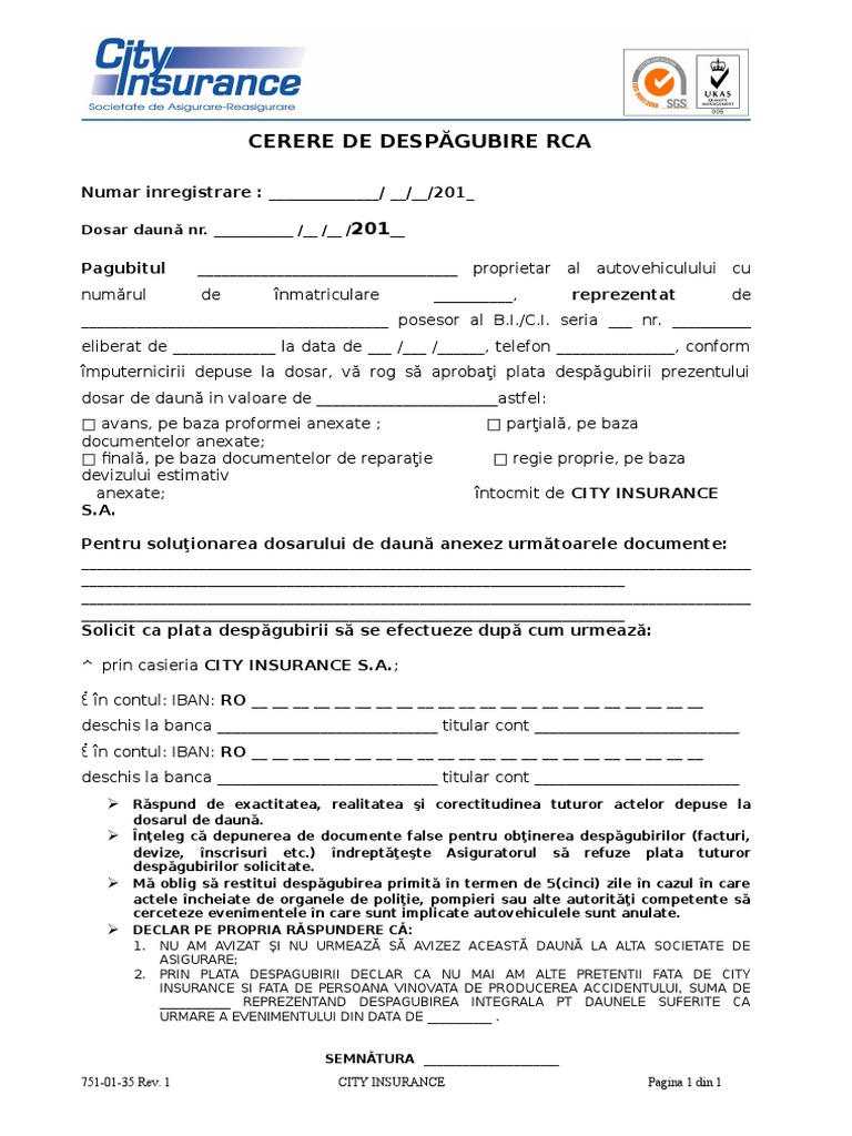 Cerere Despagubire RCA | PDF