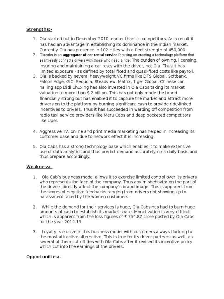 Swot Analysis For OlaCabs | PDF | Taxicab | Market (Economics)