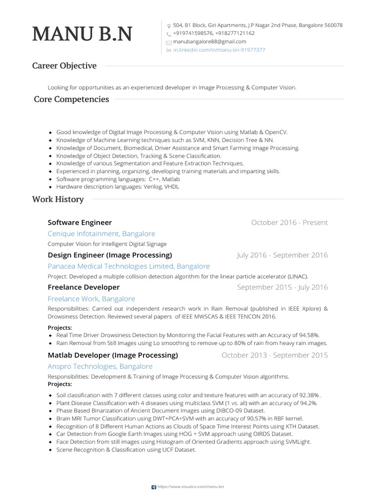 MANU B.N Visualcv Resume | PDF | Computer Vision | Machine Learning