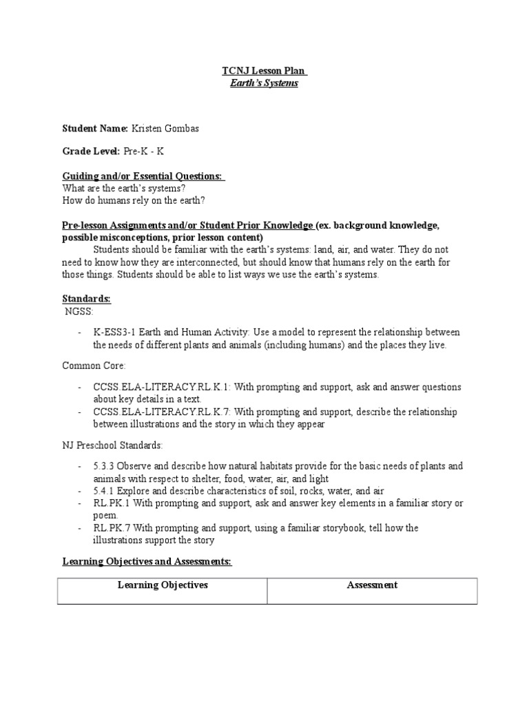 Earth Systems Lesson Plan | PDF | Lesson Plan | Sky