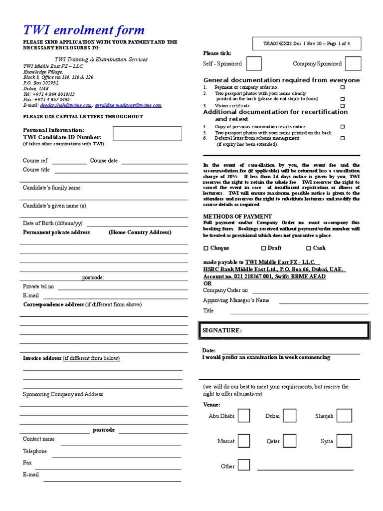 TWI Enrolment Form: Personal Information: TWI Candidate ID Number | PDF ...