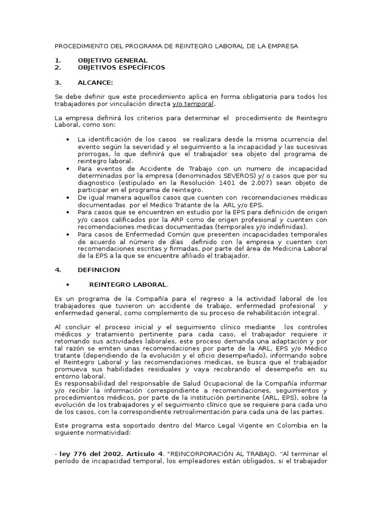 Programa de Reintegro Laboral | PDF | Seguridad y salud ocupacional | Medicina