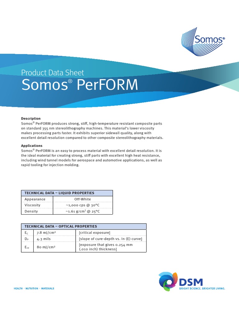 Somos PerFORM Datasheet Complete | PDF | 3 D Printing | Composite Material