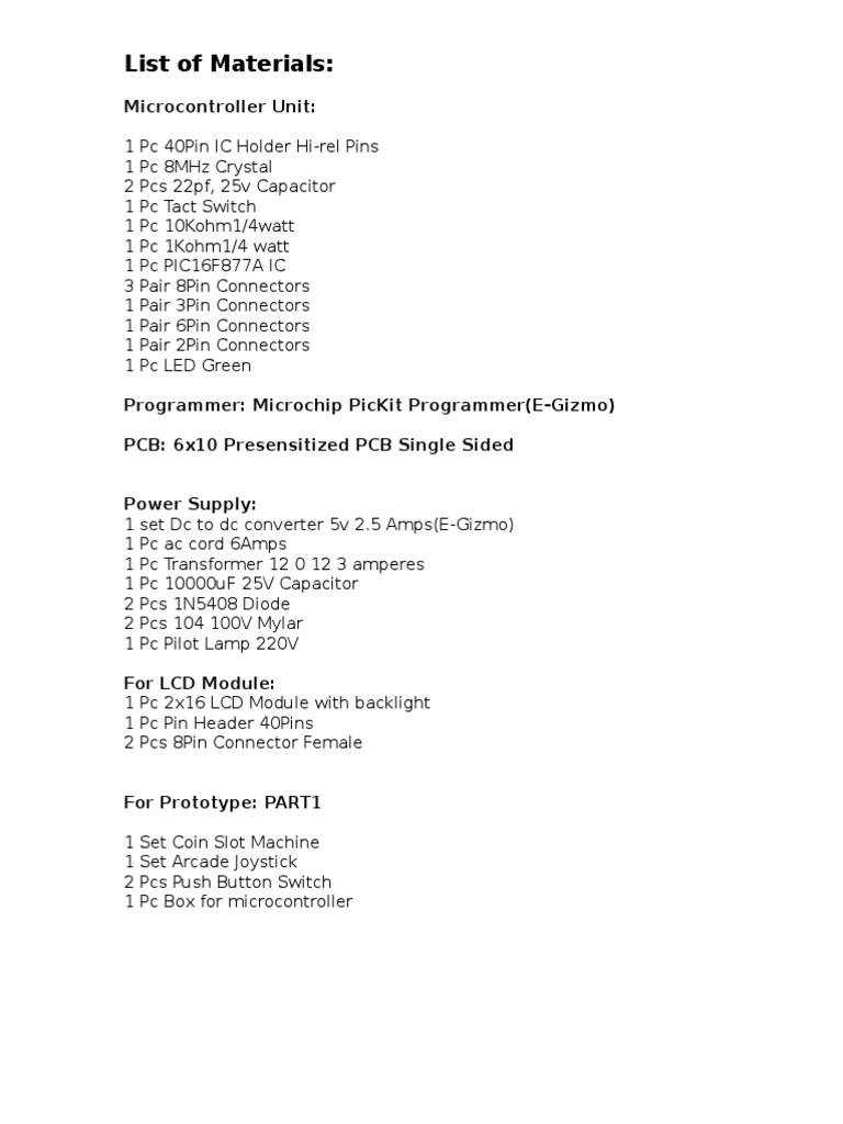 List of Materials:: Microcontroller Unit | PDF