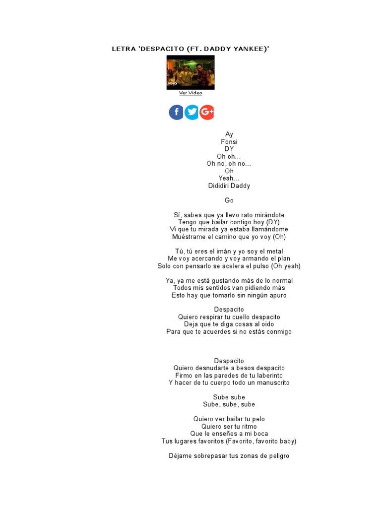 Letra de "Despacito" - Luis Fonsi y Daddy Yankee | PDF | Ocio ...