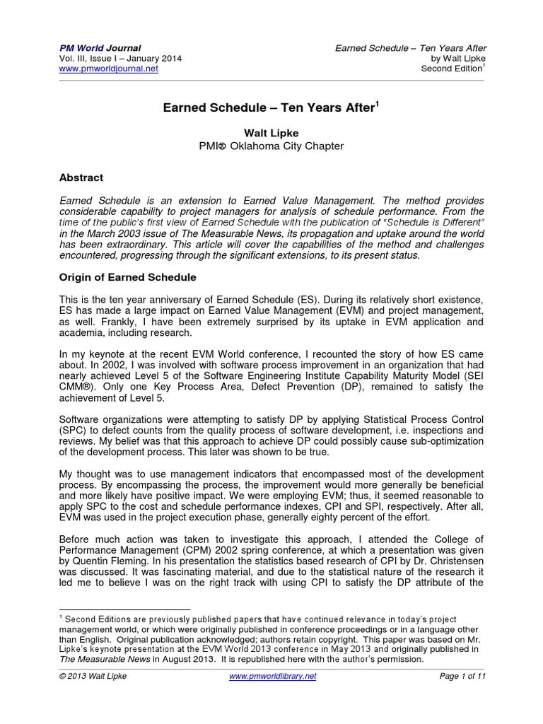 Lipke, W. (2014) Earned Schedule - Ten Years After | PDF | Forecasting ...