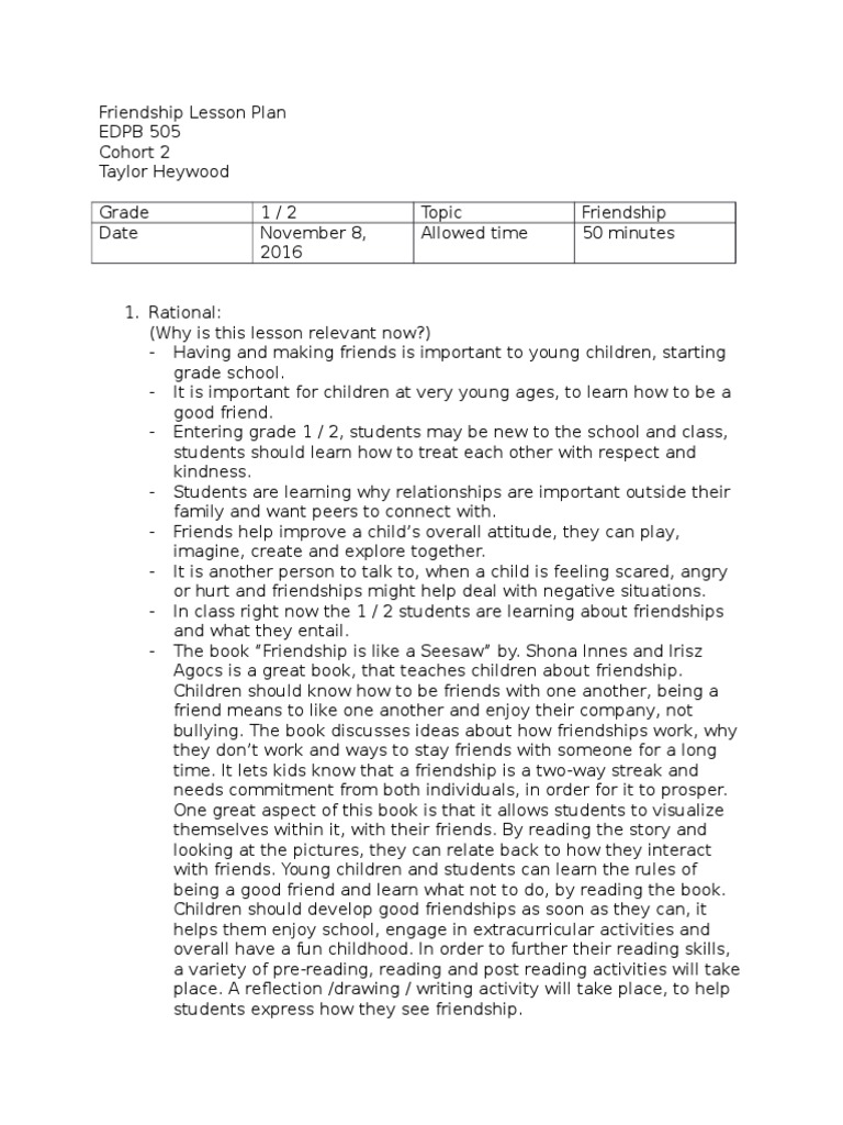 Friendship Lesson Plan 1 | PDF | Friendship | Reading (Process)