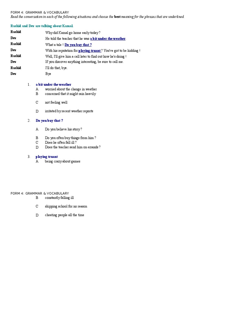 Form 4 Grammar & Vocabulary | PDF