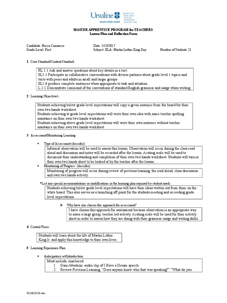 Master Apprentice Program For Teachers Lesson Plan and Reflection Form ...