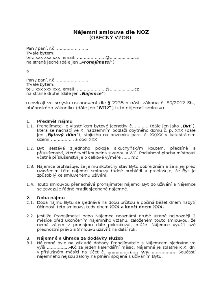Nájemní Smlouva NOZ VZOR | PDF