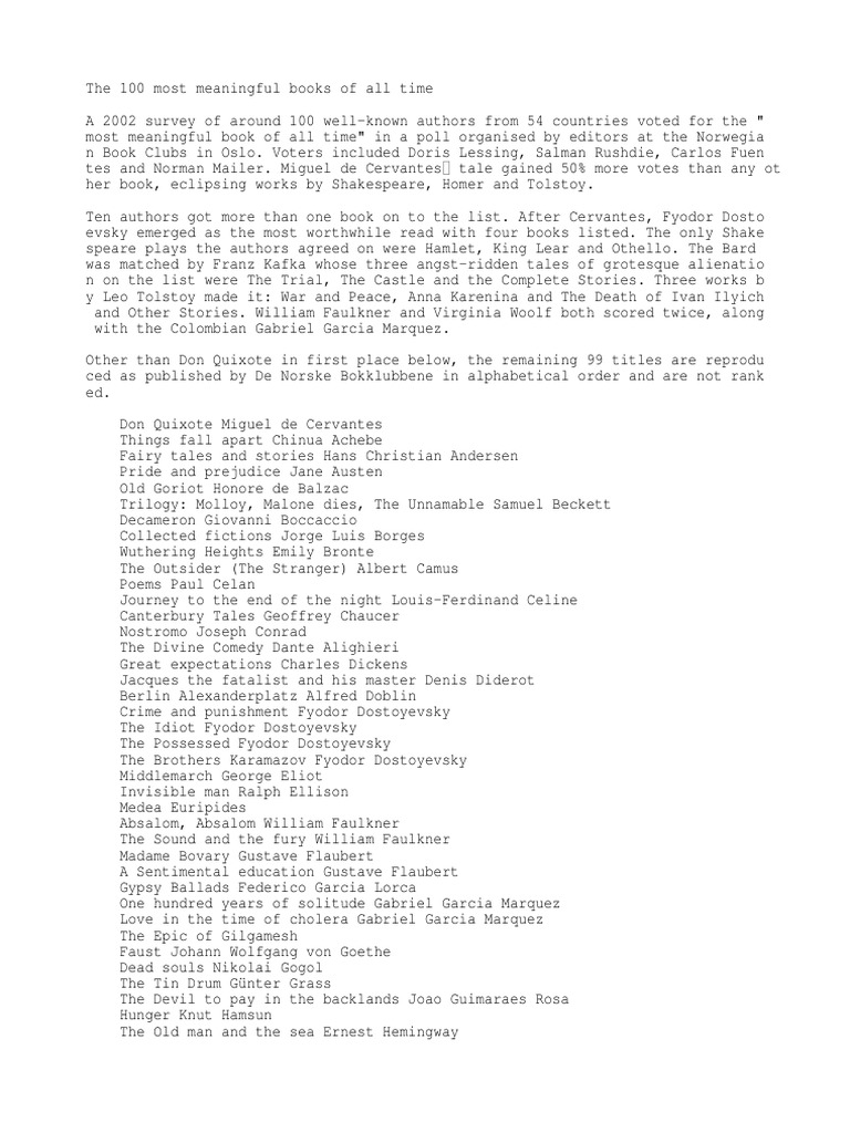 The 100 Most Meaningful Books of All Time | PDF | Novels