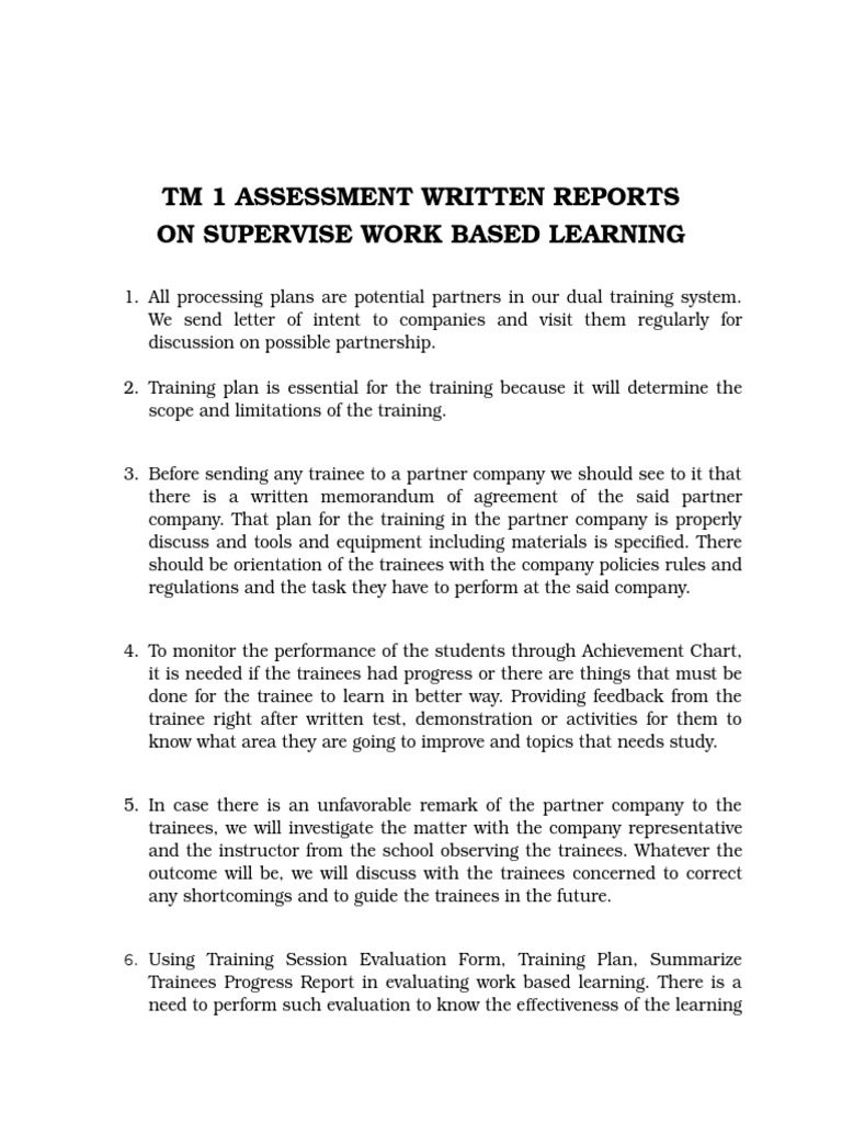TM 1 Assessment Written Reports On SWBL | PDF