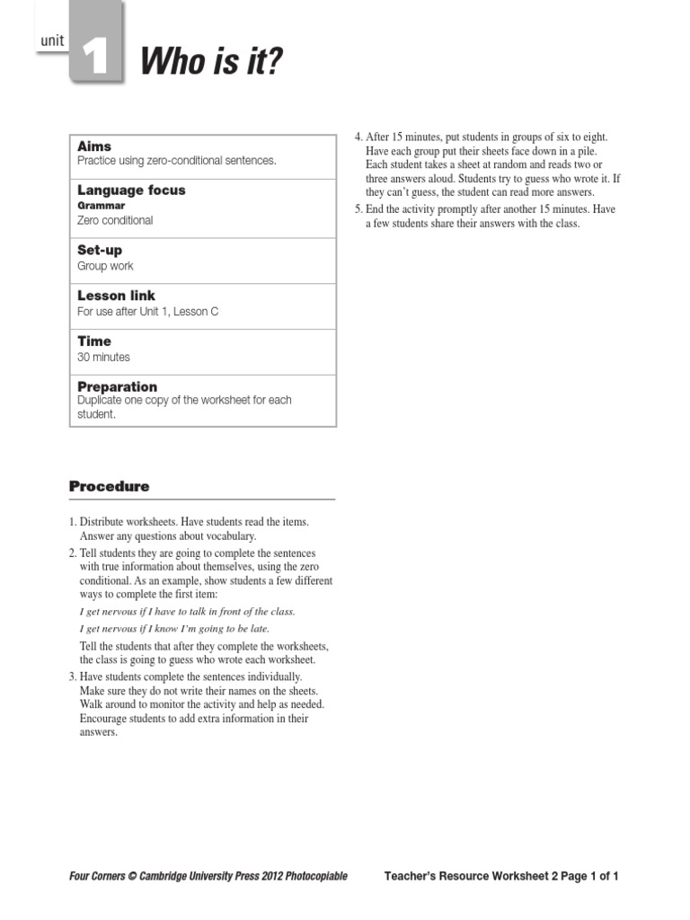 Four Corners Level3 Unit1 Who Is It Teachers Resource Worksheet2 | PDF