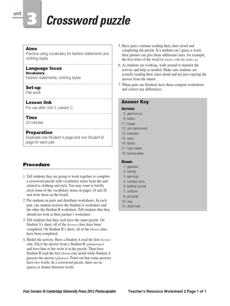 Four Corners Level3 Unit3 Crossword Puzzle Teachers Resource Worksheet2 | PDF | Crossword ...