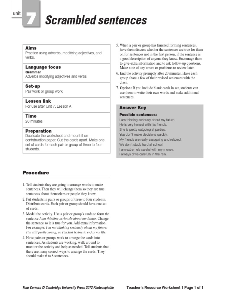 Four Corners Level3 Unit7 Scrambled Sentences Teachers Resource ...