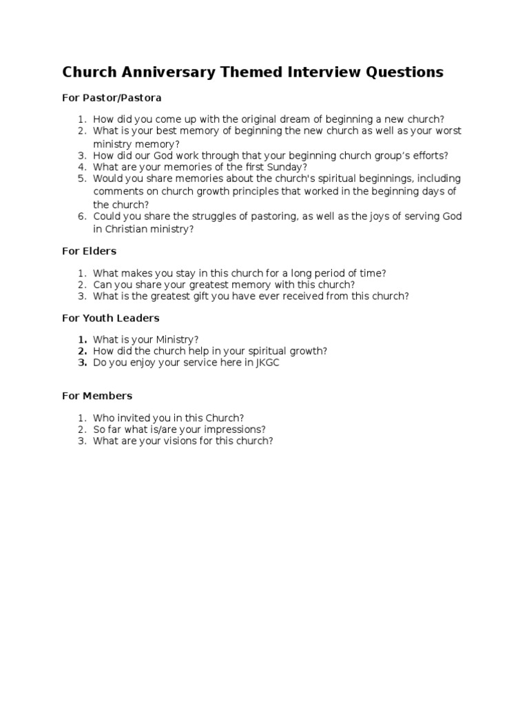 Church Anniversary Themed Interview Questions | PDF | Christian ...